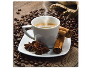 4055327782845 - Wandbild ARTLAND Kaffeetasse Leinensack mit Kaffeebohnen Bilder Gr B H 70 cm x 70 cm Leinwandbild Getränke quadratisch 1 St braun Kunstdrucke als Leinwandbild Wandaufkleber oder Poster in versch Größen