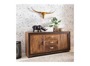 4250950273214 - Finebuy - Sideboard Sheesham Massiv Holz 160 x 80 x 44 cm mit Kunstleder Kommode mit Türen & Schubladen Massive Design Anrichte Massivholz Schrank