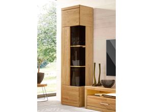 4068222665922 - Vitrine HOME AFFAIRE Ribe180cm hoch5 Fächer2 Glasböden variabel einsetzbar beige (eichefarben) B50cm H180cm T35cm Holz teilmassiv Schränke Korpus aus Holzwerkstoffdunkles gehärtetes Glas Metall Griffe