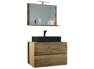 4051814384899 - 3-tlg Waschplatz Waschtisch Waschbecken Unterschrank Breite 80 cm Badmöbel Set mit Schubladen Spiegel Lendas M