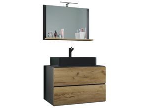 4051814385827 - 3-tlg Waschplatz Waschtisch Waschbecken Unterschrank Breite 80 cm Badmöbel Set mit Schubladen Spiegel Lendas M