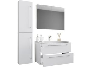 4051814405457 - 4-tlg Waschplatz Waschtisch Waschbecken Unterschrank Breite 80 cm Badmöbel Set mit Schubladen Drehtüren Spiegelschrank Badinos