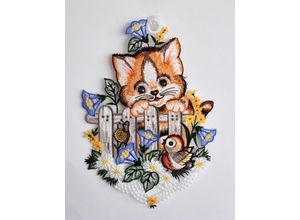 4028298295355 - Fensterbild STICKEREIEN PLAUEN Katze am Zaun Fensterbilder Gr B L 20 cm x 29 cm bunt Fensterdekoration Dekohänger