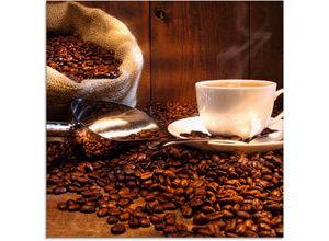 4058661632890 - Glasbild ARTLAND Kaffeetasse und Leinensack auf Tisch Bilder Gr B H 20 cm x 20 cm Getränke 1 St braun Glasbilder Bilder in verschiedenen Größen