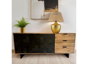 4251757728624 - Sideboard 175 cm Massivholz Steinoptik Kommode Anrichte Türen Schubladen
