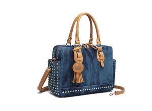 4036673256082 - Schultertasche Denim Damen Gr B H T 34cm x 24cm x 12cm onesize blau (jeans) Baumwolle COLLEZIONE ALESSANDRO Taschen aus griffigem Jeansstoff mit Nieten