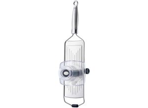 4004293950086 - Gemüsehobel RÖSLE silber (edelstahlfarben) B13cm L46cm T25cm Edelstahl 18 10 Küchenreiben mit V-Klinge für Gemüse und Obst 5 Schnittstärken inkl Gemüsehalter