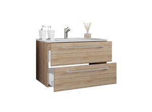 4051814380921 - 2-tlg Waschplatz Waschtisch Waschbecken Unterschrank Breite 80 cm Badmöbel Set hängend mit zwei Schubladen Badinos
