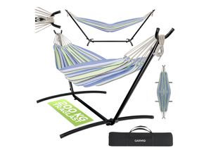 4068645000454 - GARMIO® Hängematte gestreift blau-grün 270 x 110 cm klappbar mit Stahlgestell 200 kg Tragkraft inkl Tragetasche & Zubehör für Garten oder Balkon