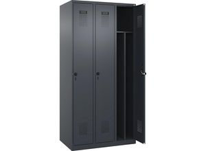 4067521943465 - Schwarz-Weiß-Spind Evolo PLUS schmal 3 Abteile Trennwand verkürzt grau B 900 mm mit Bodengleitern Sicherheits-Drehriegel kaiserkraft