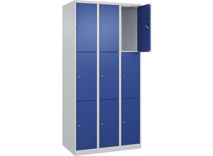 4068192005469 - 3er-Schließfachschrank Evolo PLUS 3 Abteile lichtgrau   enzianblau B 900 mm 9 Fächer mit Bodengleitern Zylinderschloss kaiserkraft