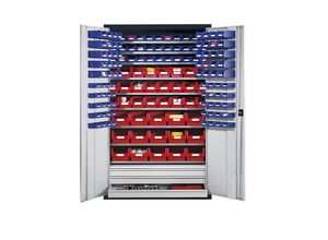 4061753279477 - eurokraft pro Großraumschrank aus Stahlblech mit 9 Fachböden 152 Sichtlagerkästen und 3 Schubladen Korpus tiefschwarz Türfarbe Lichtgrau