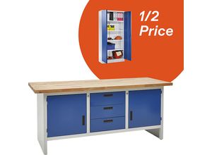 4061753271334 - eurokraft basic Deal Werkbank inkl Materialschrank zum 1 2 Preis HxBxT 850 x 2000 x 750 mm (Werkbank) Buche-Massivholzplatte