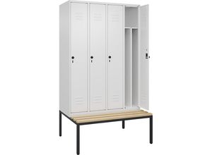 4066681745728 - Schwarz-Weiß-Spind Classic PLUS Sitzbank schmal 4 Abteile Trennwand verkürzt verkehrsweiß B 1200 mm Sicherheits-Drehriegel untergebaut Buche-Hartholz C+P