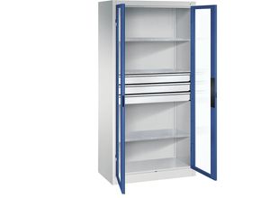 4064615161729 - Sichtfenster-Flügeltürschrank HxBxT 1950 x 930 x 500 mm 3 Fachböden 3 Schubladen lichtgrau   enzianblau C+P
