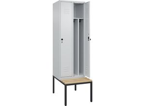 4066681743885 - Schwarz-Weiß-Spind Classic PLUS Sitzbank schmal 2 Abteile Trennwand verkürzt lichtgrau B 600 mm Sicherheits-Drehriegel untergebaut Buche-Hartholz C+P