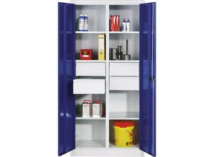4064615115944 - Materialschrank aus Stahlblech 6 Fachböden 4 Schubladen HxBxT 1950 x 930 x 500 mm Türe enzianblau Korpus lichtgrau C+P