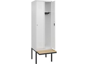 4066681817197 - Spind Classic PLUS Sitzbank 2 Abteile verkehrsweiß B 600 mm Zylinderschloss auskragend Buche-Hartholz C+P