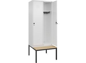 4066681744080 - Spind Classic PLUS Sitzbank 2 Abteile verkehrsweiß B 800 mm Sicherheits-Drehriegel untergebaut Buche-Hartholz C+P