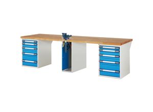 4061753257499 - eurokraft pro Werkbank Baukastensystem Serie 7000 10 Schubladen 1 Schraubstock mittig BxT 3000 x 900 mm
