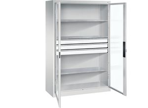 4064615180447 - Sichtfenster-Flügeltürschrank HxBxT 1950 x 1200 x 500 mm 3 Fachböden 3 Schubladen lichtgrau   lichtgrau C+P