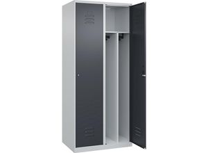 4067521329245 - Schwarz-Weiß-Spind Classic PLUS schmal 2 Abteile Trennwand verkürzt lichtgrau   grau B 800 mm mit Bodengleitern Zylinderschloss Trennwand mittig C+P