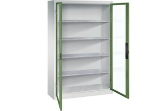 4069361440586 - Sichtfenster-Flügeltürschrank HxBxT 1950 x 1200 x 400 mm 4 Fachböden lichtgrau   resedagrün C+P