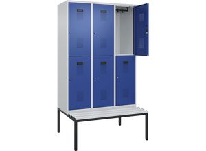 4068192388210 - Doppelstock-Spind Evolo PLUS Sitzbank 3 Abteile lichtgrau   enzianblau B 1200 mm Zylinderschloss mit untergebauter Sitzbank Kunststoff kaiserkraft