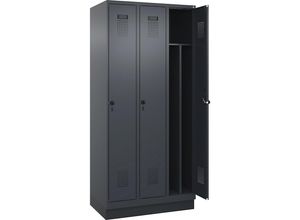 4067521944004 - Schwarz-Weiß-Spind Evolo PLUS schmal 3 Abteile Trennwand verkürzt grau B 900 mm mit Bodensockel Sicherheits-Drehriegel kaiserkraft