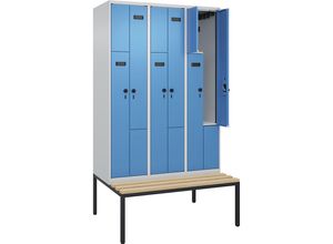 4068192932840 - Z-Spind Evolo PLUS Sitzbank 3 Abteile lichtgrau   lichtblau B 1200 mm Sicherheits-Drehriegel mit untergebauter Sitzbank Buche kaiserkraft
