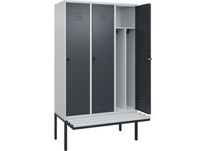 4066681787971 - Schwarz-Weiß-Spind Classic PLUS Sitzbank schmal 3 Abteile Trennwand verkürzt lichtgrau   grau B 1200 mm Sicherheits-Drehriegel auskragend Kunststoff C+P