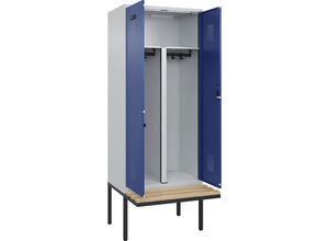 4068192262251 - Schwarz-Weiß-Spind Evolo PLUS Sitzbank 2 Abteile Trennwand verkürzt lichtgrau   enzianblau B 800 mm Zylinderschloss mit auskragender Sitzbank Buche kaiserkraft