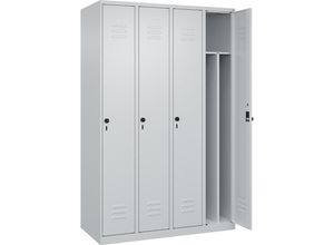 4067521330562 - Schwarz-Weiß-Spind Classic PLUS schmal 4 Abteile Trennwand verkürzt lichtgrau B 1200 mm mit Bodengleitern Drehriegel Trennwand mittig C+P