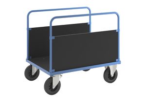 7350050351526 - Kongamek - Plattformwagen in blau 1000x700x900mm mit MDF-Platte und 2 stirnseitigen Wänden mit Gummibereifung ohne Bremse