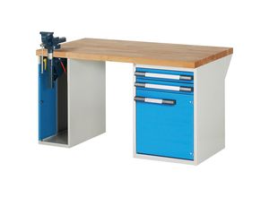 4061753257550 - eurokraft pro Werkbank Baukastensystem Serie 7000 2 Schubladen 1 Tür 1 Schraubstock linksseitig BxT 1500 x 900 mm