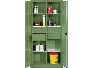 4064615173425 - Materialschrank aus Stahlblech 6 Fachböden 4 Schubladen HxBxT 1950 x 1200 x 500 mm resedagrün C+P