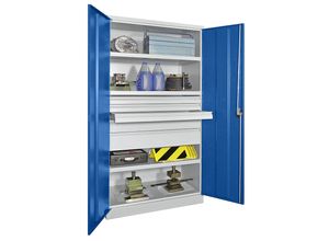 4055479845757 - Schwerlastschrank Höhe 1950 mm 3 Fachböden 5 Schubladen grau   blau Pavoy
