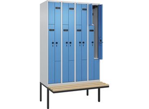 4068192930259 - Z-Spind Evolo PLUS Sitzbank 4 Abteile lichtgrau   lichtblau B 1200 mm Sicherheits-Drehriegel mit auskragender Sitzbank Buche kaiserkraft