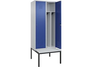 4066681792272 - Schwarz-Weiß-Spind Classic PLUS Sitzbank schmal 2 Abteile Trennwand verkürzt lichtgrau   enzianblau B 800 mm Zylinderschloss untergebaut Kunststoff C+P