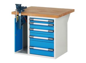 4061753257239 - eurokraft pro Werkbank Baukastensystem Serie 7000 5 Schubladen 1 Schraubstock linksseitig BxT 1000 x 900 mm