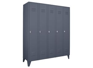 4250618227207 - Stahlspind mit Stollenfüßen Abteile schrankhoch Vollwandtüren Abteilbreite 300 mm 5 Abteile blaugrau