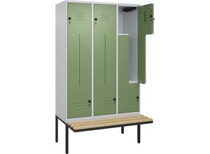 4067521115831 - Z-Spind Classic PLUS Sitzbank 3 Abteile lichtgrau   resedagrün B 1200 mm Sicherheits-Drehriegel auskragend Buche-Hartholz C+P