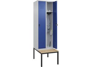4066681743670 - Spind Classic PLUS Sitzbank 2 Abteile lichtgrau   enzianblau B 600 mm Sicherheits-Drehriegel untergebaut Buche-Hartholz C+P
