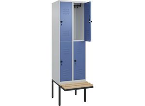 4066681746985 - Doppelstock-Spind Classic PLUS Sitzbank 2 Abteile lichtgrau   fernblau B 600 mm Sicherheits-Drehriegel auskragend Buche-Hartholz C+P