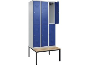 4066681807297 - Doppelstock-Spind Classic PLUS Sitzbank 3 Abteile lichtgrau   enzianblau B 900 mm Zylinderschloss untergebaut Buche-Hartholz C+P