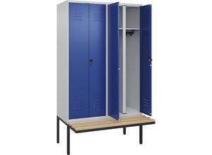 4066681742628 - Schwarz-Weiß-Spind Classic PLUS Sitzbank 2 Abteile lichtgrau   enzianblau B 1200 mm Sicherheits-Drehriegel auskragend Buche-Hartholz C+P