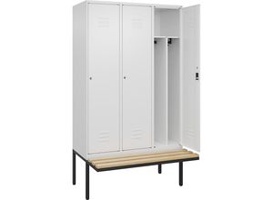 4066681817753 - Schwarz-Weiß-Spind Classic PLUS Sitzbank schmal 3 Abteile Trennwand verkürzt verkehrsweiß B 1200 mm Zylinderschloss auskragend Buche-Hartholz C+P
