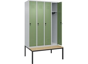 4066681745346 - Spind Classic PLUS Sitzbank 4 Abteile lichtgrau   resedagrün B 1200 mm Sicherheits-Drehriegel untergebaut Buche-Hartholz C+P