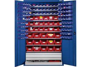 4061753276063 - eurokraft pro Großraumschrank aus Stahlblech mit 9 Fachböden 152 Sichtlagerkästen und 3 Schubladen Korpus- und Türfarbe Enzianblau