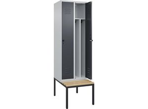 4066681743878 - Schwarz-Weiß-Spind Classic PLUS Sitzbank schmal 2 Abteile Trennwand verkürzt lichtgrau   grau B 600 mm Sicherheits-Drehriegel untergebaut Buche-Hartholz C+P